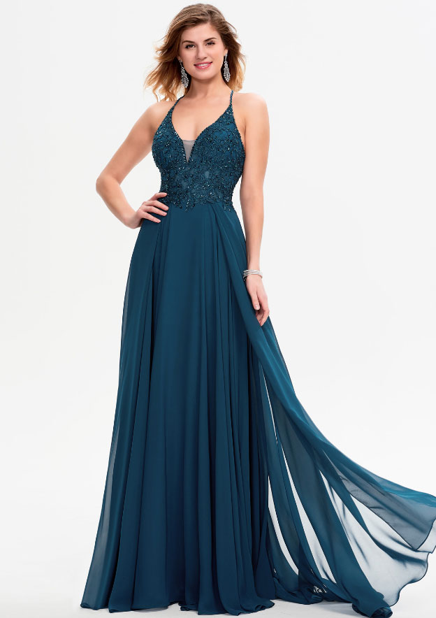 A-line V Neck Sleeveless Chiffon Sweep Train Prom Dress With Sequins ...