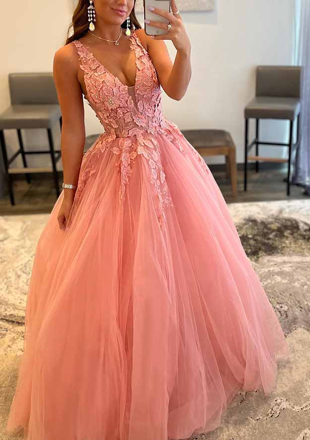 Princess A-line V Neck Sleeveless Sweep Train Tulle Prom Dress With ...