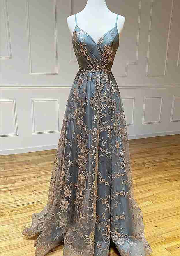 A-line V Neck Sleeveless Sweep Train Tulle Satin Prom Dress With ...