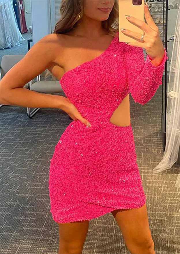 Sheath Column One Shoulder Short Mini Velvet Sequins Homecoming Dress
