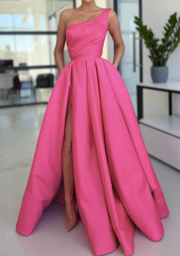A-line Sleeveless One-Shoulder Long/Floor-Length Satin Prom Dress With ...