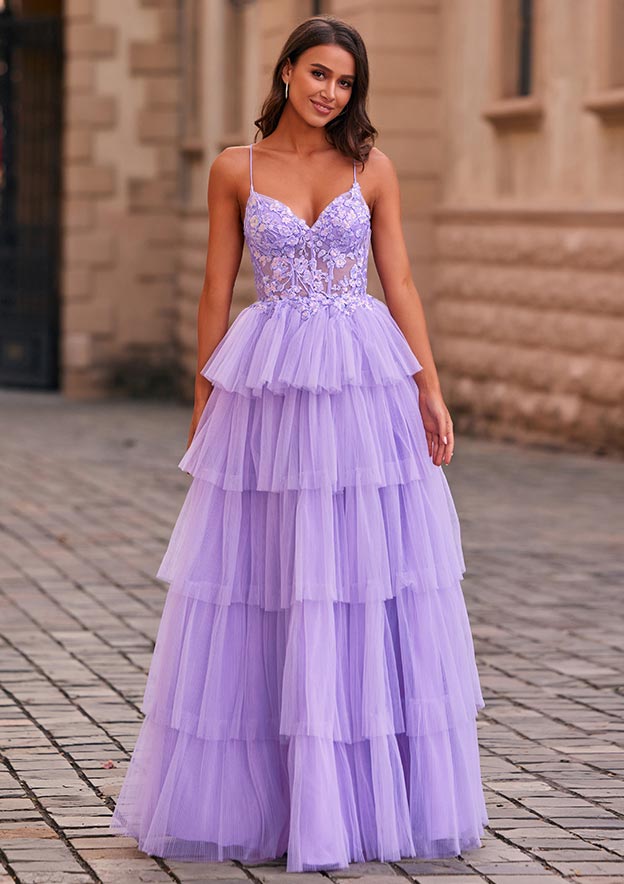 A-line V Neck Tulle Floor-Length Prom Dress with Appliqued Ruffles ...