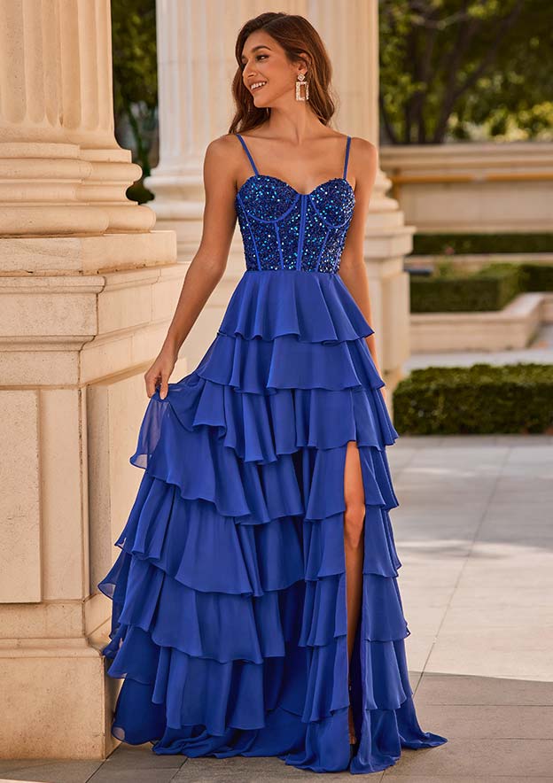 A-line Chiffon Prom Dress Sweetheart Sweep Train with Ruffles Sequins ...