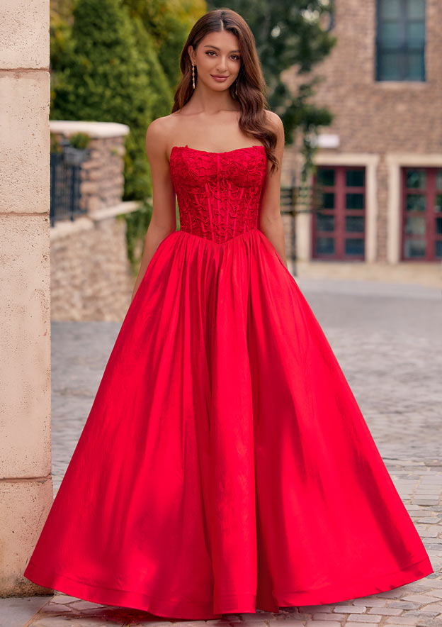 A-line Strapless Taffeta Prom Dress with Beaded Appliqued Corset Bodice ...