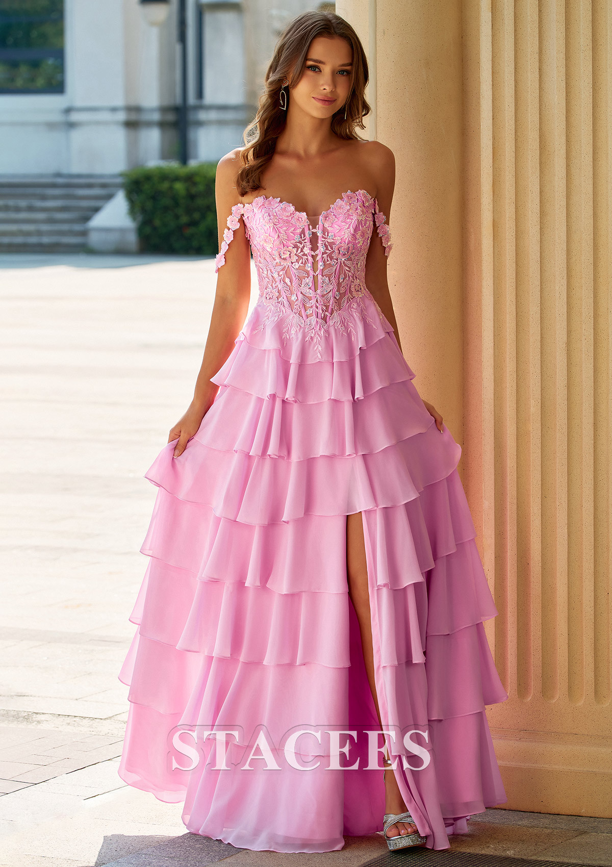 A-line Chiffon Prom Dress Off-the-Shoulder Floor-Length with Appliqued ...