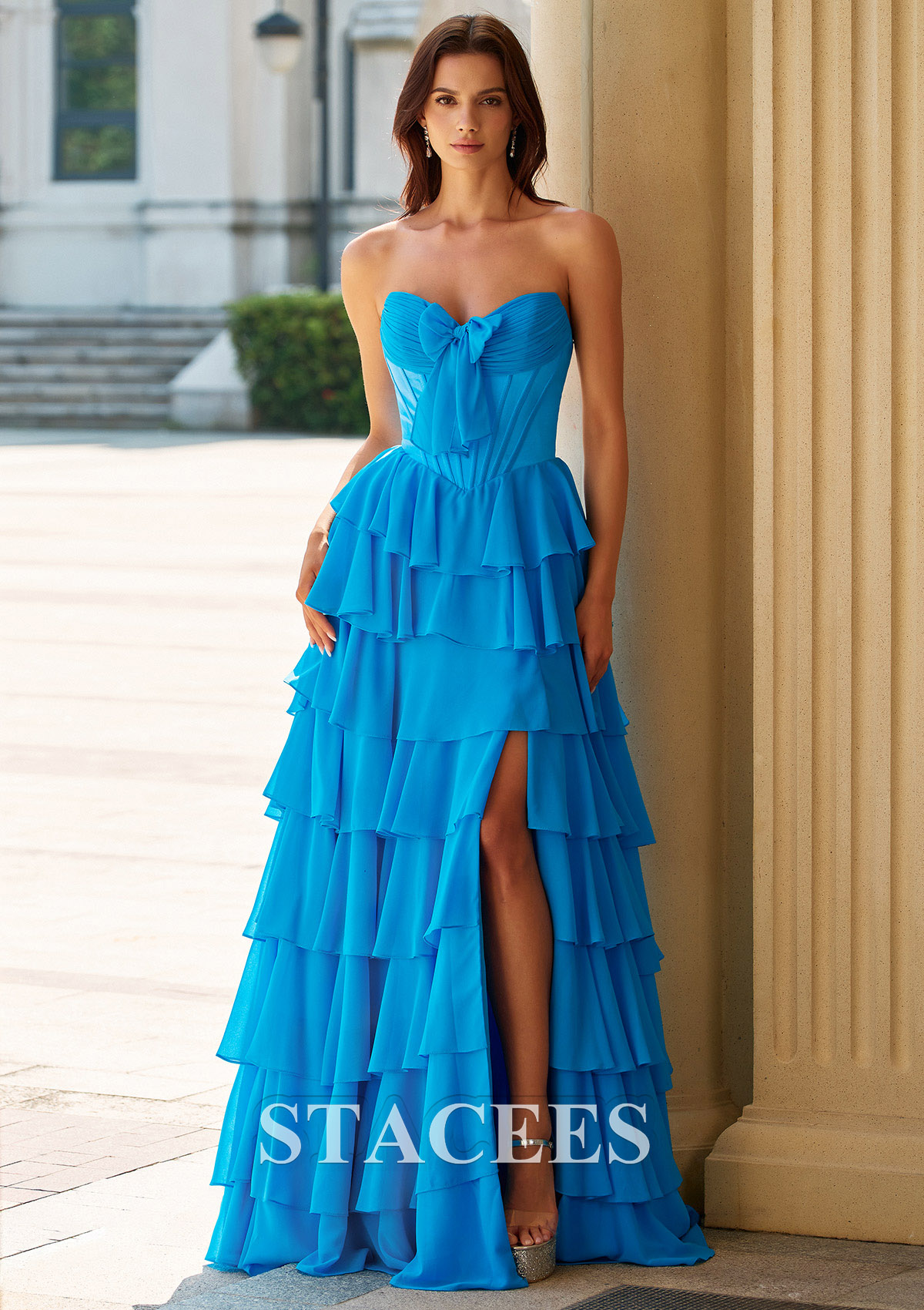 A-line Strapless Tiered Ruffle Prom Dress with Bow Bodice High Slit ...