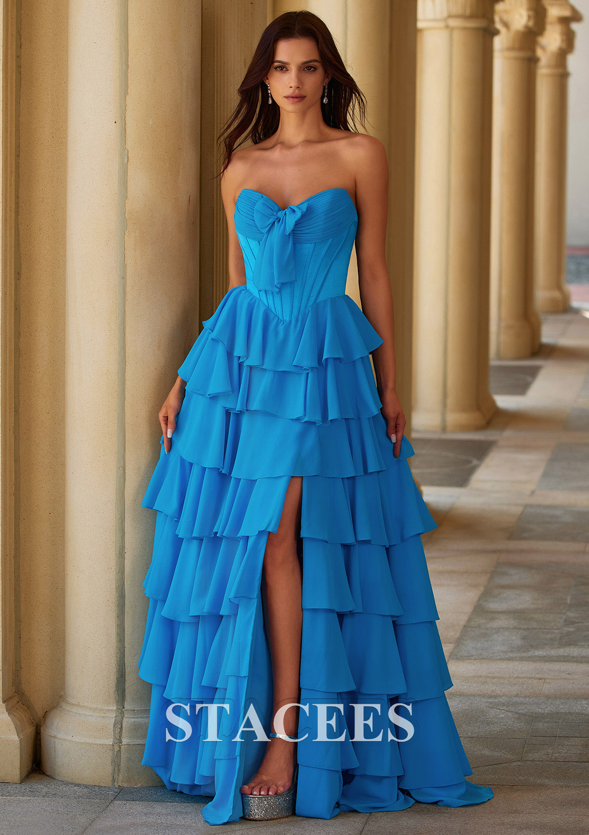 A-line Strapless Tiered Ruffle Prom Dress with Bow Bodice High Slit ...